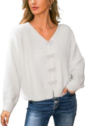 Cupshe Cardigan en tricot &agrave; manches longues pour femme avec boutons et noeud - L&eacute;ger - Ouvert sur le devant - Pour lautomne et lhiver, Blanc, L