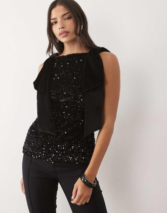 Pretty Lavish haut en velours &agrave; sequins avec d&eacute;tail noeud noir