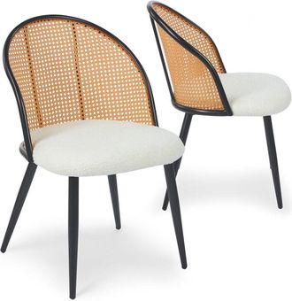 Menzzo Lot de 2 chaises design Showan avec cannage Rotin et Tissu bouclette Crème