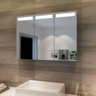 Sonni Spiegelschrank Bad 65×90cm LED Spiegelschrank 3-türig Badezimmerspiegel mit Beleuchtung Badezimmerspiegel Badschrank mit Steckdose und Infrarot-Sensor