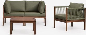 Sklum Gartenset mit 2-teiliger modularer Sofaeinheit mit Armlehnen, Sessel und Couchtisch aus Akazienholz Branson Tiefes Gr&uuml;n Olive Akazienbraun