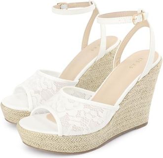 Allegra K Sandales &agrave; talons compens&eacute;s en dentelle avec sangle de cheville pour femme, blanc, 40.5 EU