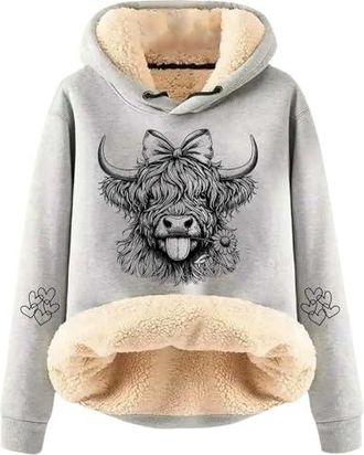 Generic Sweat &agrave; capuche Highland pour femme avec doublure en polaire Sherpa - Sweat &agrave; capuche imprim&eacute; vache - Chemises de campagne occidentale pour Halloween 