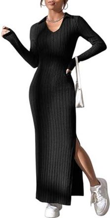 Generic Robe pull moulante mi-longue &agrave; manches longues en tricot torsad&eacute; c&ocirc;tel&eacute; col en V pour femme, Noir, XXL