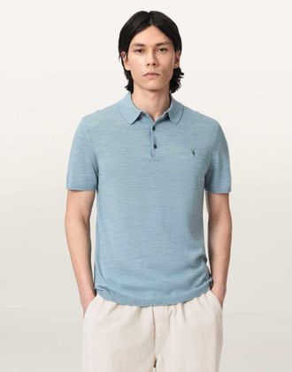 AllSaints Mode - Polo &agrave; manches courtes en laine m&eacute;rinos - Bleu