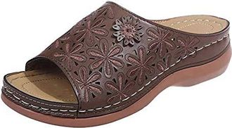 Generic Sandales compens&eacute;es pour femme - Sandales d&eacute;cor&eacute;es de fleurs - Couleur unie - Sandales en cuir tendance - Chaussures de marche souples - Chaussures de