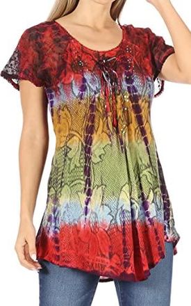 Sakkas 14783 - Dina Décontracté Sequin Sequin Tie Dye Broderie Cap Manches Blouse/Top - Corail - OSP