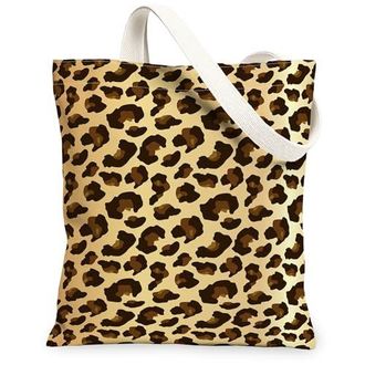 Generic Sacs fourre-tout en toile avec imprimé léopard, motif animal, sacs dépicerie réutilisables, élégants et élégants, légers, lavables à lépaule Str, beig