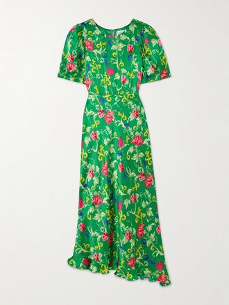 Saloni Vida D Kleid Aus Seidensatin Mit Blumenprint Und Volants - Grün
