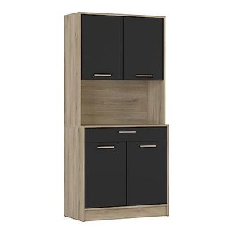 Demeyere Buffet Industriel 4 Portes 1 Tiroir 1 Grande Niche Résistant à lEAU und Idéal Micro-Onde - Coloris Bois Clair et Noir - 83,3x40x176,1 cm