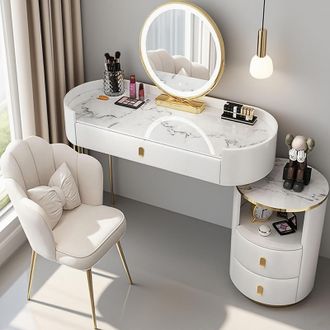 Generic Schminktisch mit beleuchtetem Spiegel, Schminktisch-Set mit 3-Farbiger Beleuchtung, Kosmetiktisch mit 5 Schubladen und Marmorplatte f&uuml;r M&auml;dchen (White