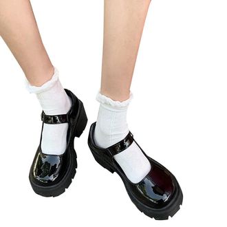 Minetom Damen Mädchen Klobige Plattform Mary Jane Schuhe Schnallenriemen Retro Runder Zeh Plattform Pumps Chunky Lackleder Party Kleid Schuhe Schwarz Glänzend