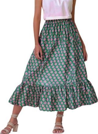 Generic Robe longue pliss&eacute;e style boh&egrave;me 2026 pour femme - Taille haute - &Eacute;lastique - Pour l&eacute;t&eacute;, la plage, Vert, XL