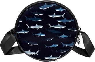 Generic Petit sac &agrave; bandouli&egrave;re circulaire pour femme, motif requins de dessin anim&eacute;, sac &agrave; dos de natation avec fermeture &eacute;clair, bretelles r&eacute;glables, sac &agrave; 