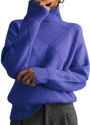 Generic Pull à col roulé pour femme, automne et hiver, manches longues côtelées, coupe unie, pull décontracté confortable et chaud pour le travail, bleu, XXL