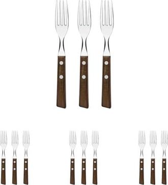 Tramontina TRADICIONAL Steakgabel Set, 3 St&uuml;ck, Naturholzgriffe, rostfreier Edelstahl, Tafelgabeln, 3-teiliges Set (Packung mit 4)