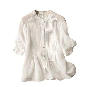 Generic Haut d&eacute;contract&eacute; boutonn&eacute; &agrave; manches courtes pour femme - Coupe ample - Tunique pliss&eacute;e d&eacute;t&eacute; 2026 - V&ecirc;tements boh&egrave;me, blanc, XXL