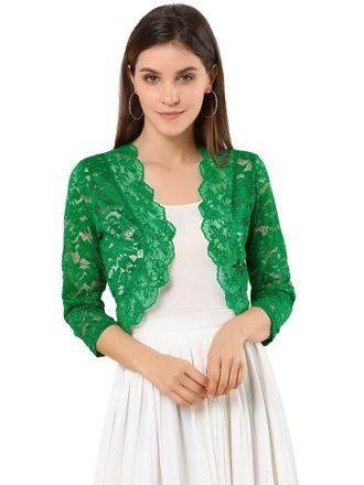 Allegra K Damen Spitzen Festlich Bolero 3/4 &Auml;rmel Hochzeit Strickjacke Vorne Offen Crop Cardigan Shrug Gr&uuml;n M