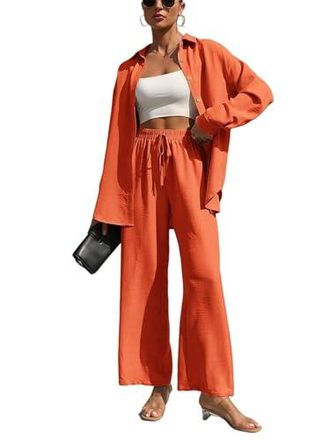 Generic Ensemble 2 pièces pour femme avec chemise boutonnée sur le devant et pantalon à jambes larges à nouer sur le devant, Orange, x_l