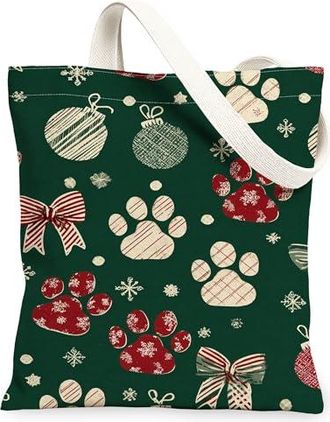 Generic Sacs fourre-tout en toile avec imprim&eacute; de pattes de No&euml;l, sacs d&eacute;picerie r&eacute;utilisables, vintage, l&eacute;gers, lavables, vert, 13x15 Inch