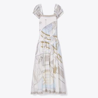 Tory Burch Damen Gesmoktes Kleid mit Print