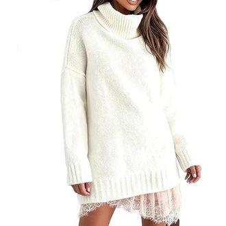 Generic Ensemble mini robe pull &agrave; col roul&eacute; pour femme, haut ample doux avec &eacute;l&eacute;gante bordure en dentelle, blanc, 3XL