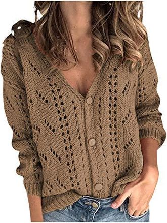 Generic Cardigan en crochet pour femme, cardigan &agrave; manches longues, cardigan court ajour&eacute; de couleur pure, pull en tricot &agrave; simple boutonnage, pull ouvert sur