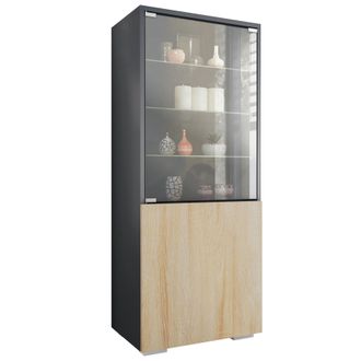 Vladon Vitrine Granada, Made in Germany, Vitrinenschrank mit Glast&uuml;r und Glaseinsatz, Anthrazit matt/Eiche s&auml;gerau (50 x 122,5 x 34,5 cm)