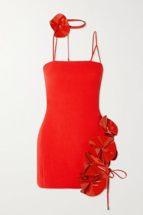 DAVID KOMA Minikleid Aus Woll-cr&ecirc;pe Mit Applikationen Aus Lackleder Und Kristallen - Rot