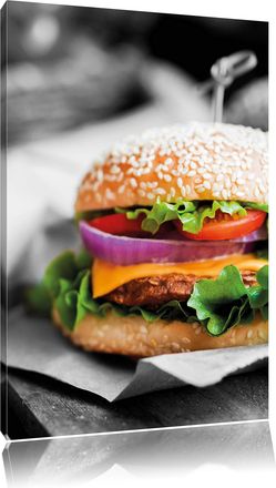 Pixxprint Perfekter Burger mit Pommes, Größe: 100x70cm, Leinwandbild, fertig gespannt, Wandbild, Dekoration, Kunstdruck, kein Poster