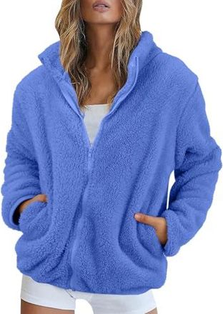 Generic Vestes en polaire pour femmes &agrave; fermeture int&eacute;grale sans capuche - Manteau dhiver pour femmes grande taille, cardigan &eacute;pais uni avec poches, manches l
