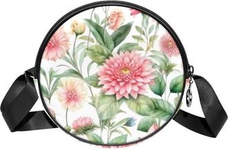Generic Petit sac &agrave; bandouli&egrave;re circulaire pour femme, motif feuilles florales, sac &agrave; dos avec fermeture &eacute;clair, bretelles r&eacute;glables, sac &agrave; main rond d&eacute;contra