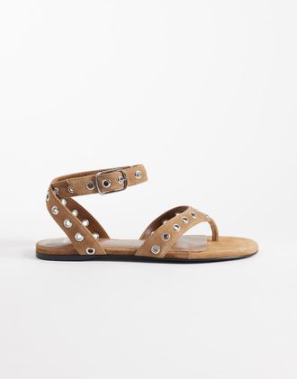 Mango R&ouml;mersandalen aus 100% Leder in Sandbeige mit Nietenbesatz-Braun