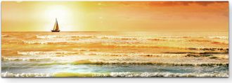 Paul Sinus Art Fotografie - Meerblick mit Segelboot bei Sonnenuntergang - Panoramabild auf Leinwand in 120x40cm
