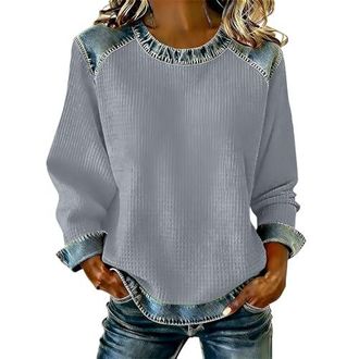 Generic Sweat-shirts pour femme sans capuche vintage en tricot gaufr&eacute; denim patchwork sweatshirts surdimensionn&eacute;s &agrave; col rond pulls de couleurs blocs de couleu