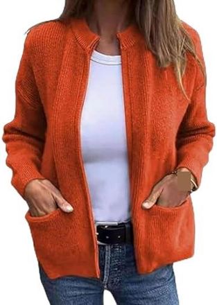 Generic Cardigan Femme &agrave; Fermeture &Eacute;clair, Col Rond Uni avec Poches, Veste en Tricot Ouvert D&eacute;contract&eacute;(Orange,5X-Large)