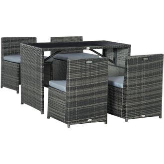 OUTSUNNY 5-teiliges Polyrattan Gartenm&ouml;bel-Set, wetterfest Balkonm&ouml;bel f&uuml;r 4 Personen Terrassenm&ouml;bel mit Tisch 4 St&uuml;hle Kissen, Lounge-Set Essgruppe