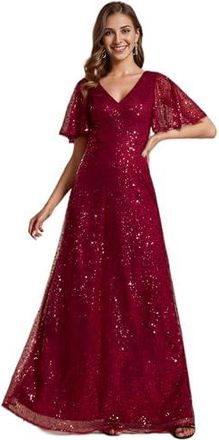 Ever-pretty Robe de Soirée Longue Femme Manches Volantées Paillettes Col V A Line Taille Empire Élégante Robe de Bal Brillante Bordeaux 38