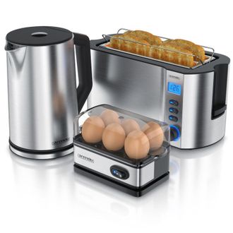 Arendo Fr&uuml;hst&uuml;cksset 3-teilig, Wasserkocher 1,5 Liter, 4-Scheiben Langschlitz Toaster manha, 6er Eierkocher, Silber - Arendo