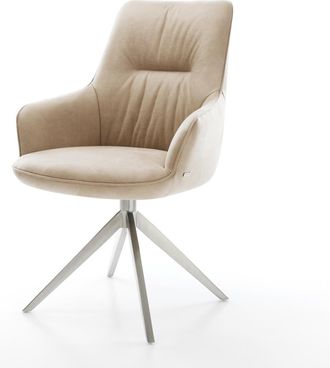 DELIFE Drehstuhl Zelia-Flex mit Armlehnen Mikrofaser Beige Vintage Kreuzgestell breit Edelstahl 360&deg; drehbar Wippfunktion Taschenfederkern, Esszimmerst&uuml;hle