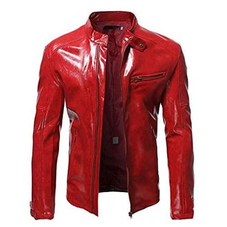 Generico Veste en cuir pour homme, veste de moto en cuir v&eacute;ritable, manteau de pilote vintage de loisirs, veste en PU imperm&eacute;able pour homme, rouge, XL
