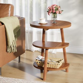 Tribesigns Beistelltisch rund, Couchtisch mit Holzrahmen und 3 Ablagen, 50 cm W, Kleiner Tisch Nachttisch ür Wohnzimmer, Schlafzimmer und Sofaseite, Braun