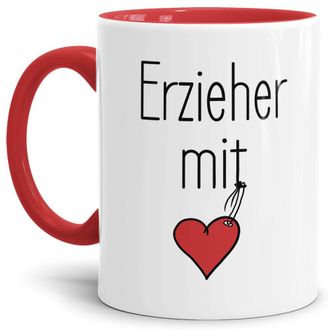 Tassendruck Erzieher-Tasse mit Spruch Erzieher mit Herz - Kindergarten/Abschied/Geschenk-Idee/Dankesch&ouml;n/Kita/Innen & Henkel Rot