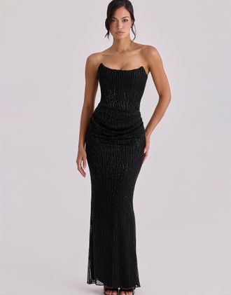 House of CB Alicia - Robe longue avec perles appliqu&eacute;es &agrave; la main - Noir