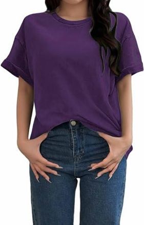 Generic T-shirts surdimensionn&eacute;s &agrave; manches courtes et col rond pour femme - Hauts d&eacute;t&eacute; d&eacute;contract&eacute;s et amples - T-shirts basiques tendance au quotidien, viole