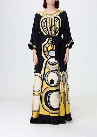 La DoubleJ Robe longue de soir&eacute;e en soie &agrave; imprim&eacute; ethnique avec ceinture &agrave; nouer