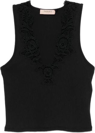 Twinset Femme, Tops, Noir, Taille: 42 FR Canotta pizzo lavorazione in maglia a coste scollo a V senza maniche