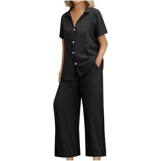 Generic Surv&ecirc;tement pour femme &agrave; manches 3/4 en lin et coton - Coupe ample - Tenue deux pi&egrave;ces avec haut et pantalon - Respirant et confortable pour un usage 