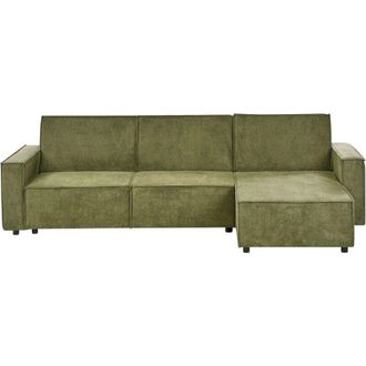 Beliani 3-Sitzer Ecksofa Dunkelgr&uuml;n Stoffbezug L-F&ouml;rmig mit Schlaffunktion Chaiselongue Linksseitig Breite Armlehnen Modern Schlafsofa Polstersofa