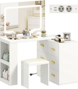 HOMCOM Coiffeuse avec miroir et tabouret - HOMCOM - &eacute;clairage LED r&eacute;glable, 2 USB ports et 2 prises, 6 tiroirs - MDF - 118x78x135cm - blanc